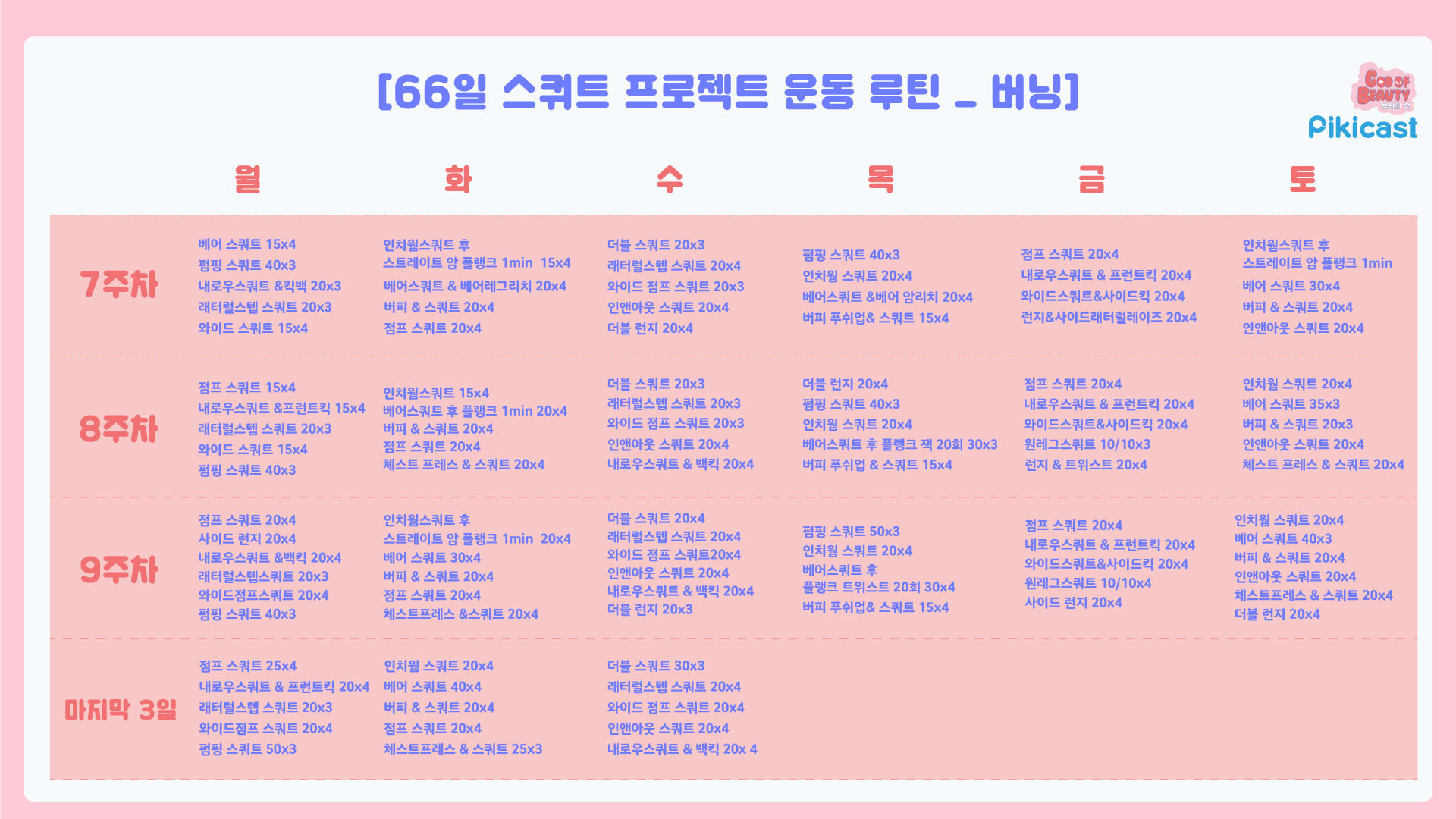 피키캐스트 뷰신 66일 스쿼트 챌린지 운동 스케줄 출력 파일 다운로드 네이버 블로그